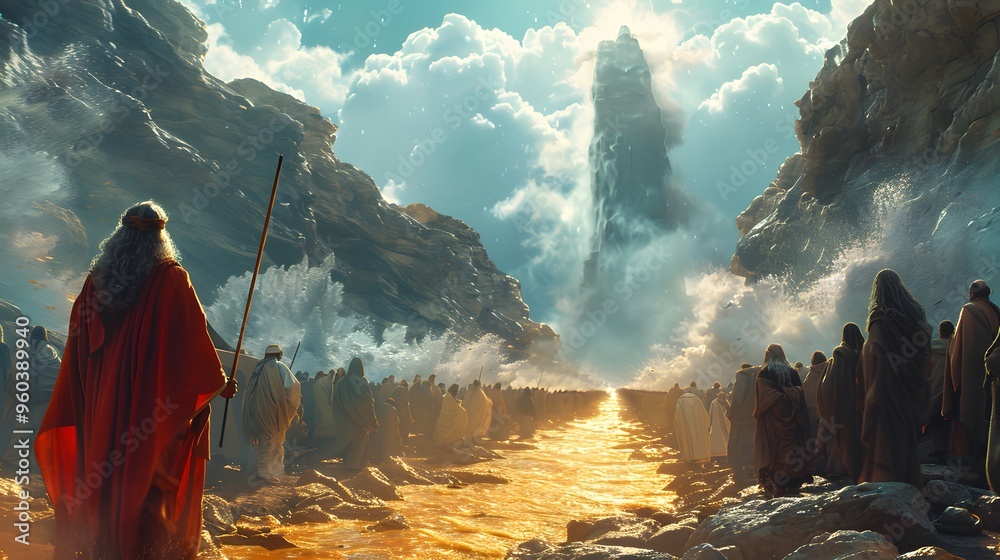 Illustrate the powerful scene where Moses, standing firm with his staff ...