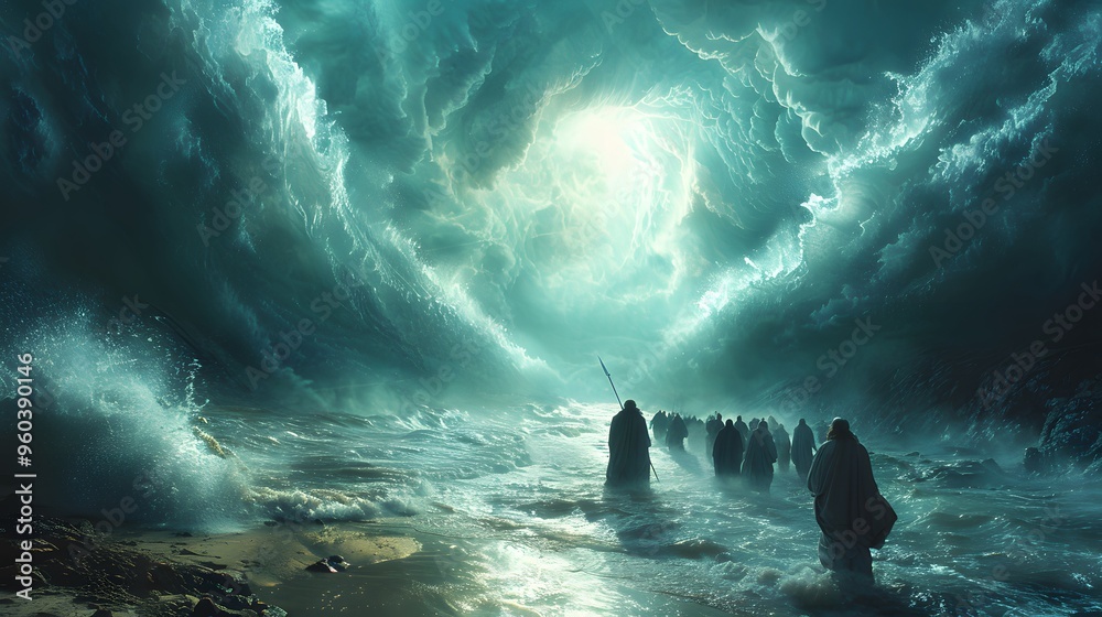 Illustrate the powerful scene where Moses, standing firm with his staff ...