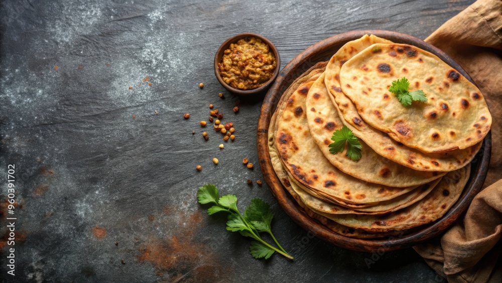Traditional Indian chapati cakes arranged in a top view with space for ...