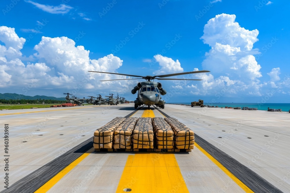 Military helicopters, transport helicopters, moving heavy equipment ...