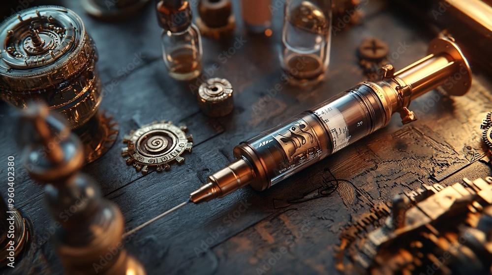 The 3D scene depicts a steampunk smallpox vaccination with brass and ...
