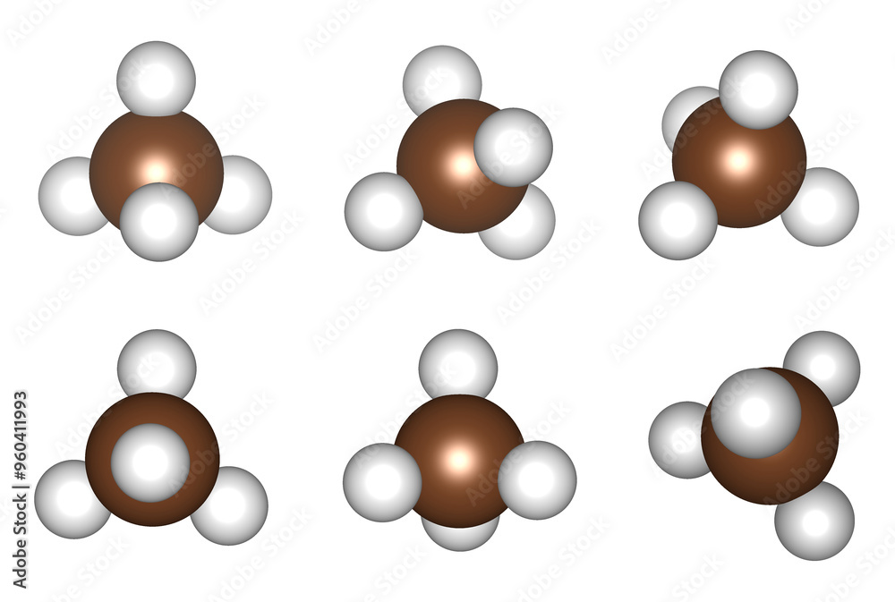 3D methane molecule model in different angle orientation, atoms in ch4 ...