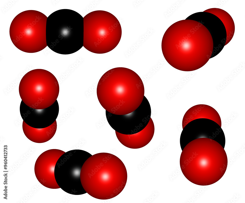 3D carbon dioxide molecule model in different angle orientation, atoms ...