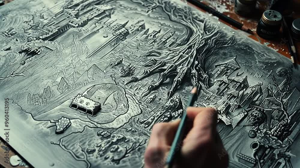 Artist Creating an Intricate 3D Fantasy Map With Detailed Terrain Stock ...