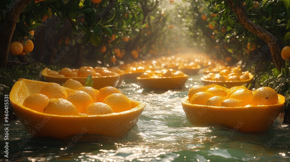 A river of lemonade flowing through a citrus grove, with boats made of ...
