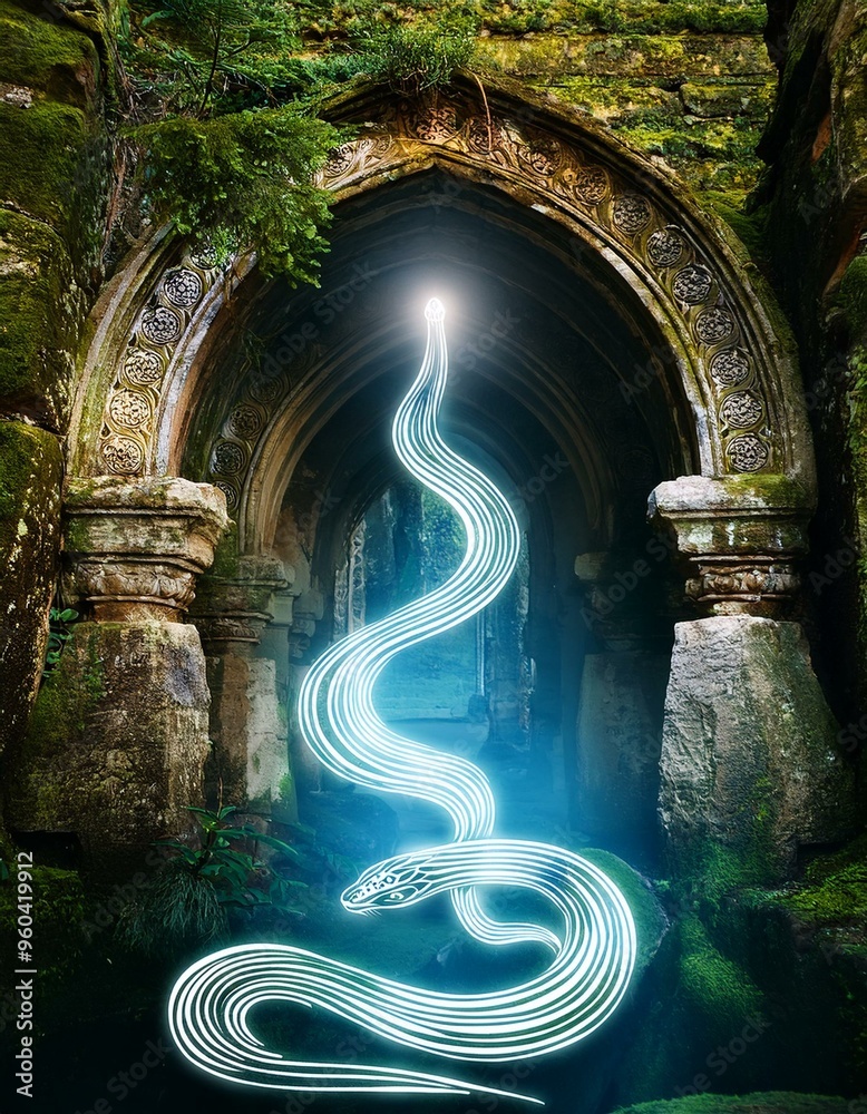 mystical snake glowing with an ethereal light, winding through an ...