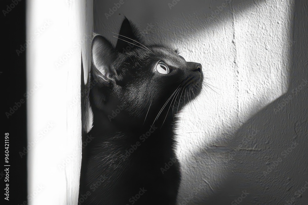 curious feline peeking under door shadowy silhouette minimalist ...