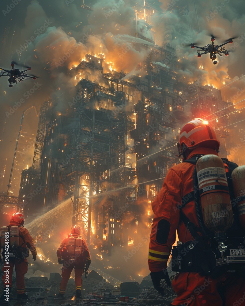 Firefighters battle a massive blaze in a burning city, with drones ...