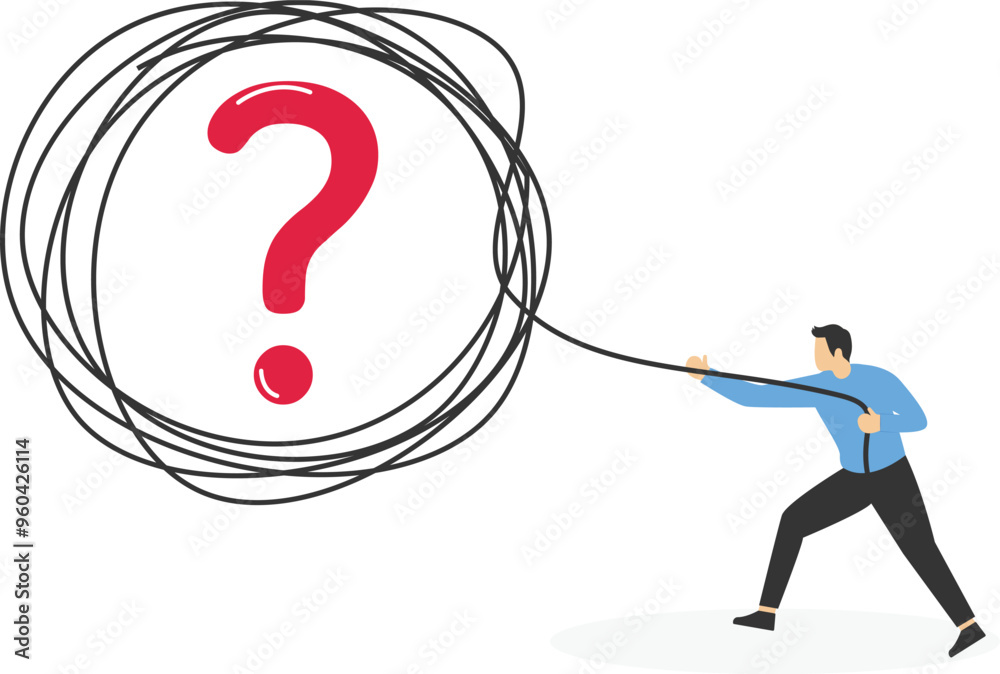 Businessman pulling the rope trying to untie the tangled ropes tied ...