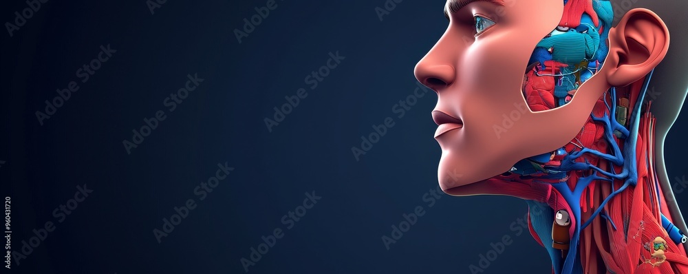 Detailed anatomical illustration of human head, showcasing vascular ...