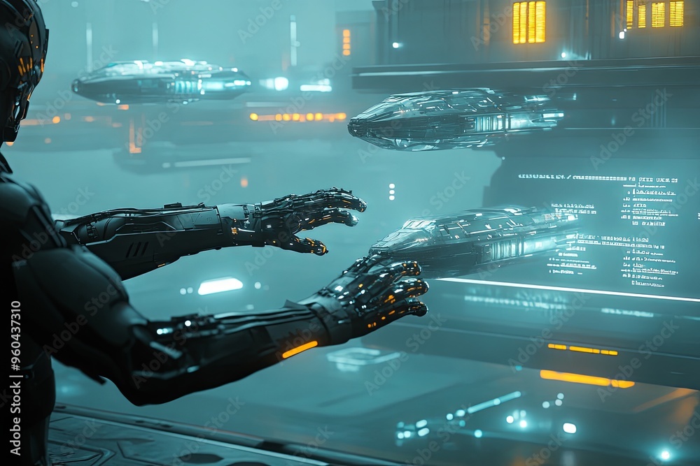 Person with bionic arms maintaining a futuristic spaceport, overseeing ...