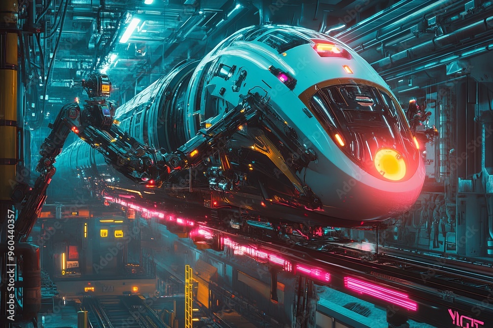 Cyberpunk Mechanic with Bionic Arms Repairing a Neon-Lit Monorail in a ...
