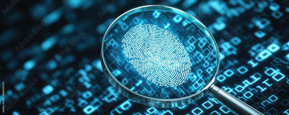 Fingerprint under a magnifying glass, revealing layers of encrypted ...