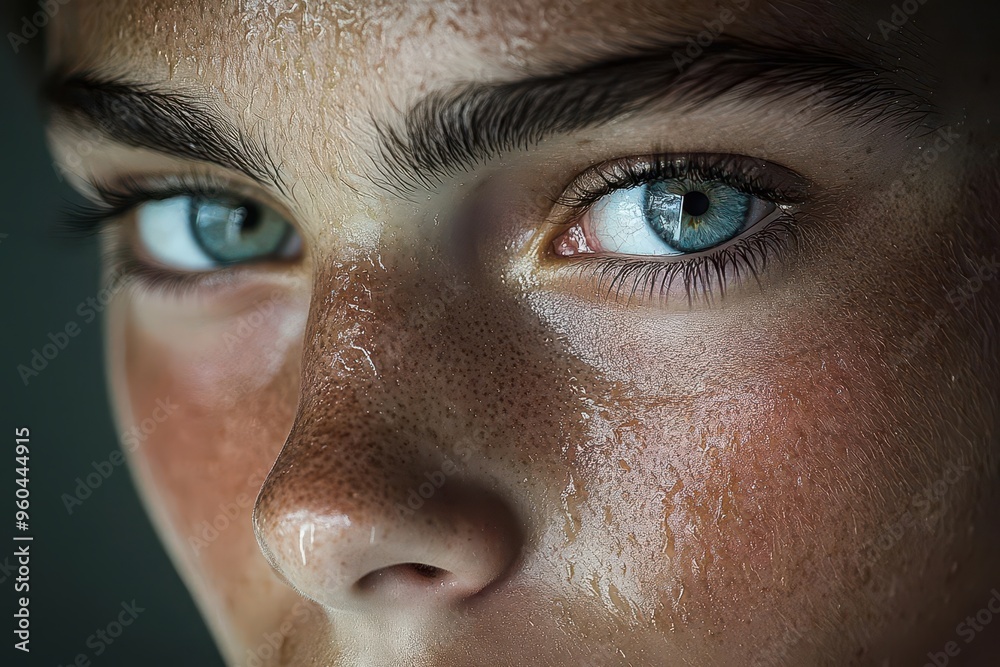 intense closeup of a determined gymnasts face muscles taut and eyes ...