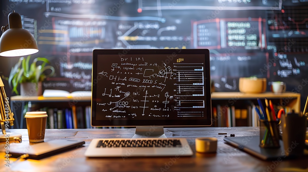 Analyzing complex mathematics formulas on a computer screen, isolated ...