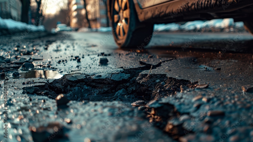 car wheels running and closed up Very bad quality street with potholes ...