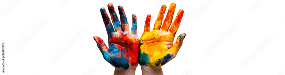 Multi-colored handprints on hands, vibrant abstract art, painted hands ...