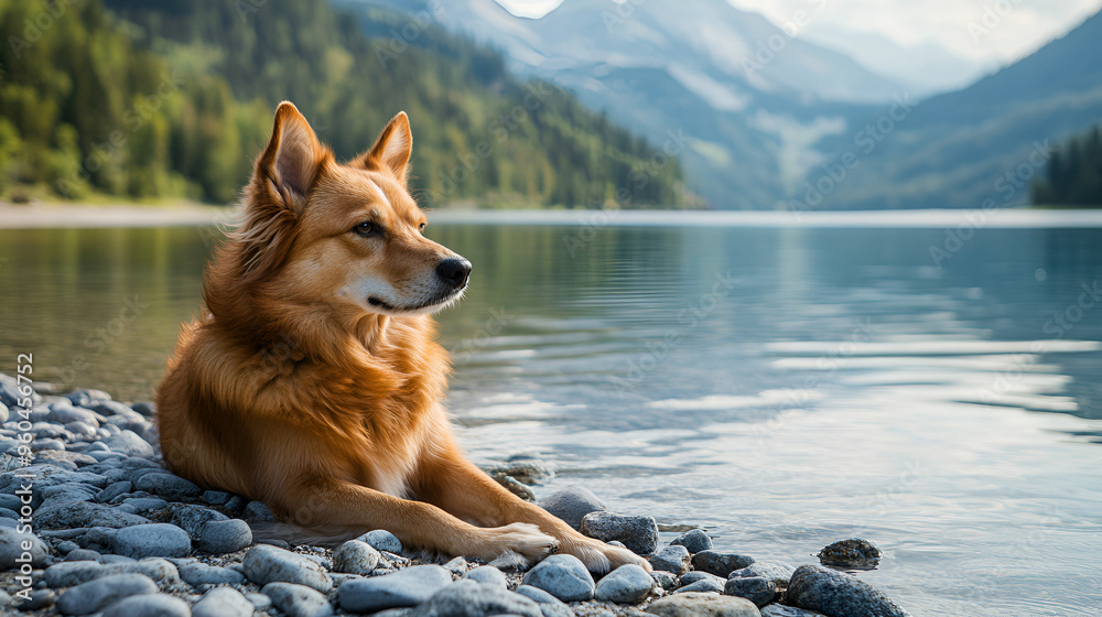 un perro descansando sobre las piedras a la orilla de un rio de un lago ...
