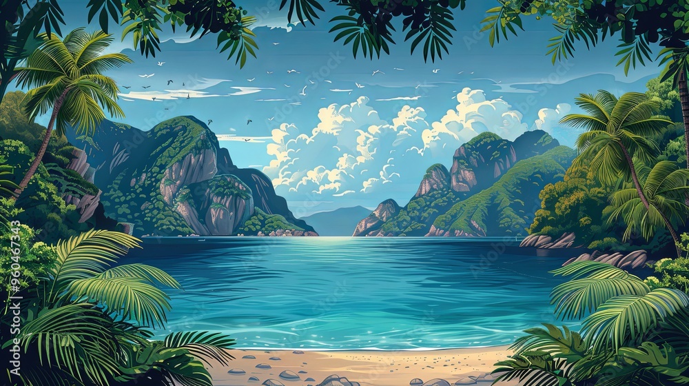 Tropical exotic romantic landscape with traditional jungle and plants ...
