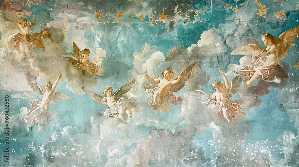 Pastel and gold Baroque mural depicting celestial scenes with cherubs ...