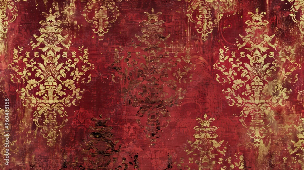Rich ruby red and gold Baroque brocade wallpaper with intricate ...