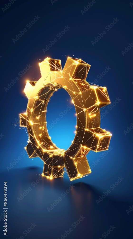 Digital gold 3D gear crank icon in low poly wireframe, smart ai ...