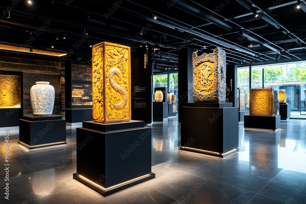 History museum exhibit on ancient China with scrolls and ceramics ...