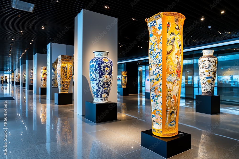 History museum exhibit on ancient China with scrolls and ceramics ...