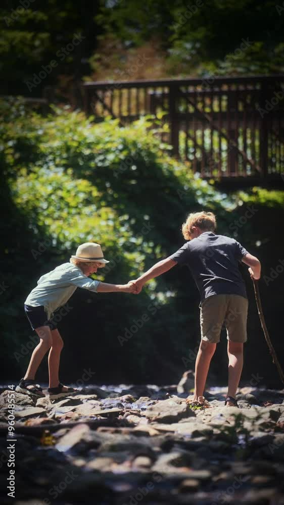 Older Brother Helping His Younger Brother Walk In The Rocky Creek ...