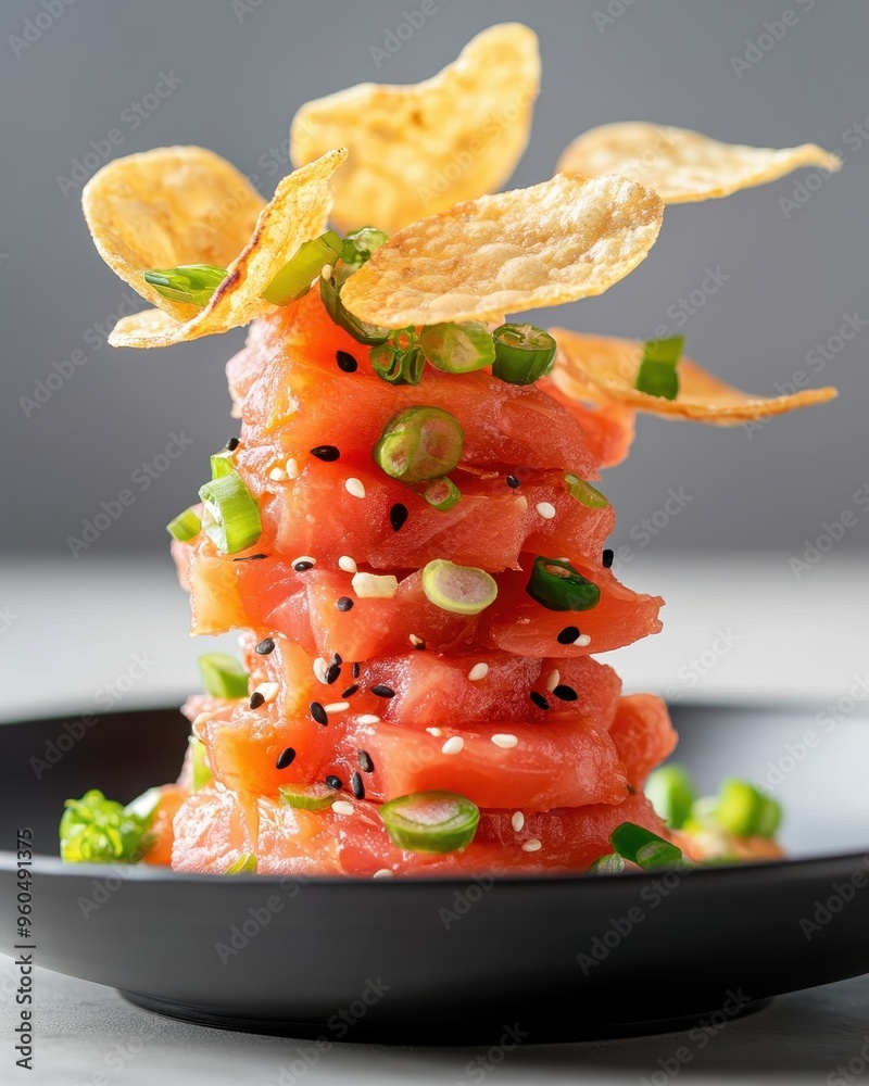 Hawaiian Poke Bowl with Tuna Sesame Seeds Green Onions and Crispy ...