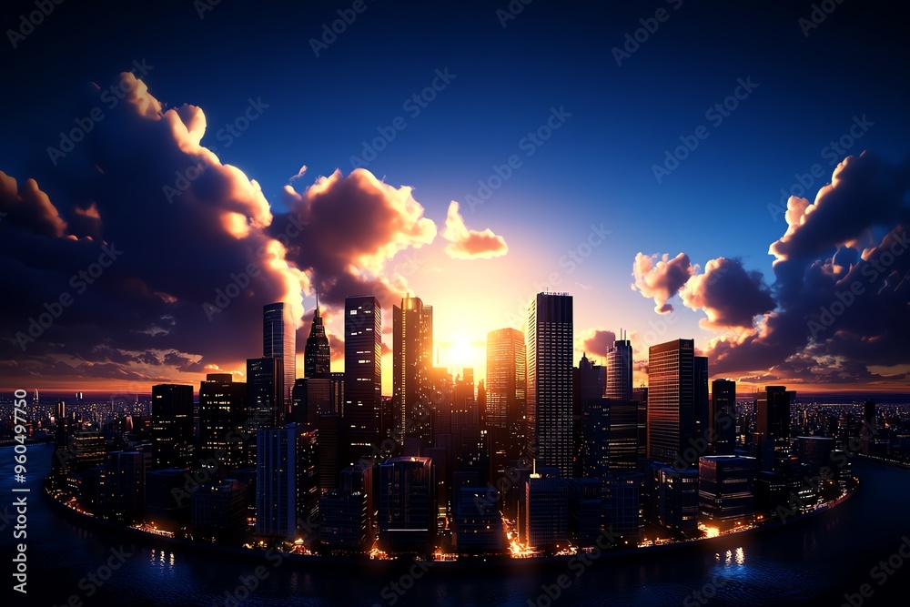 Sunset sky glow is depicted in a futuristic illustration of a cityscape ...