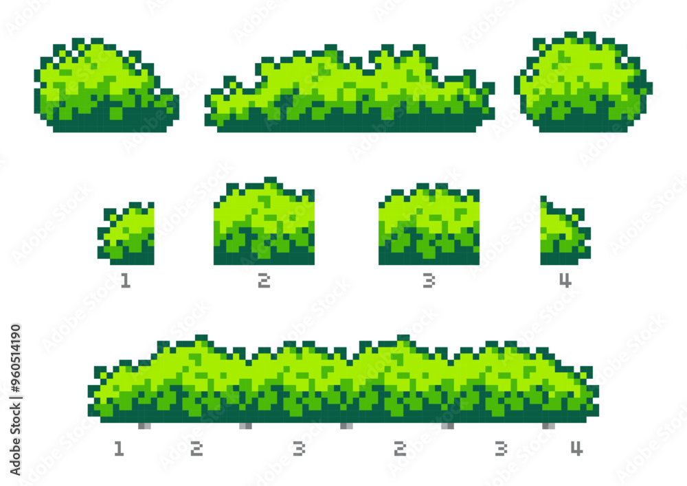 Set and constructor of pixel art sprites of bushes. Game assets for ...