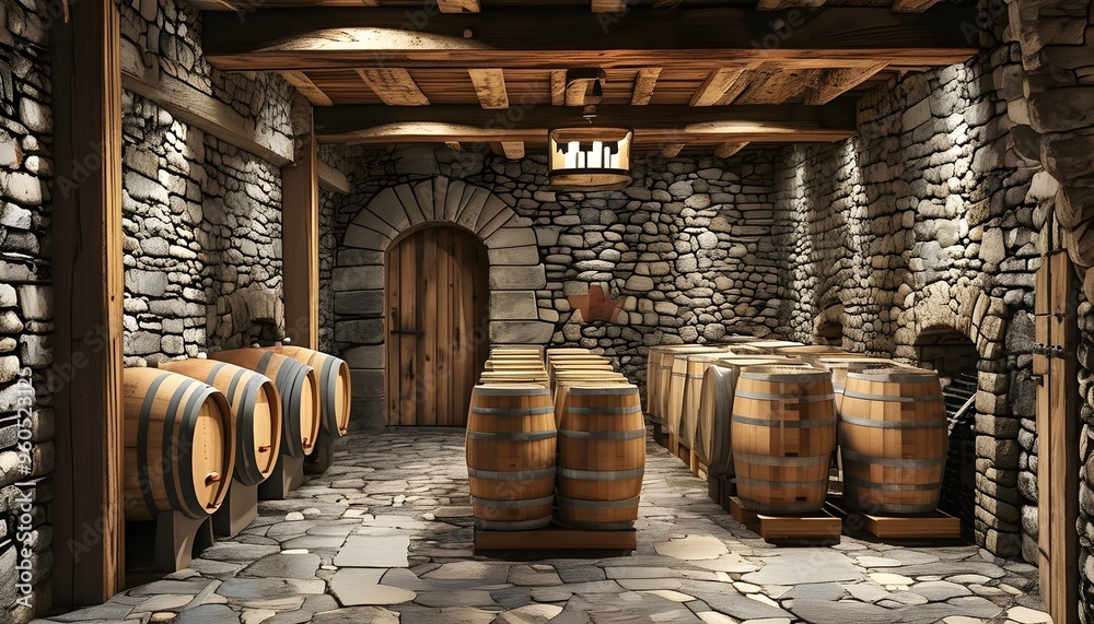 Charming rustic wine cellar featuring stone walls, wooden beams, and ...