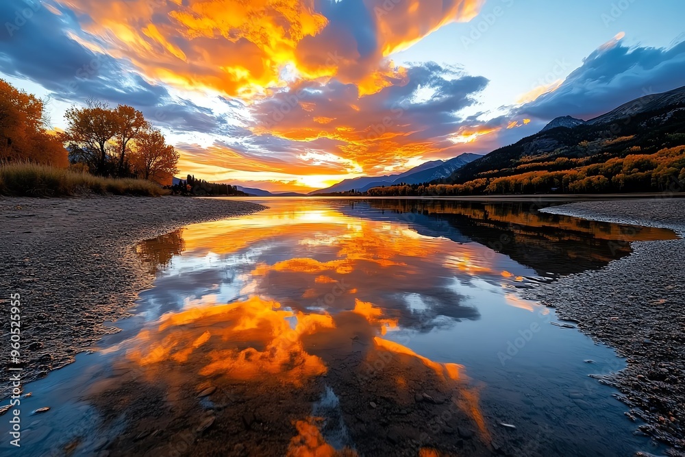 Sunset sky reflection is captured in a panoramic photo of a lake, where ...