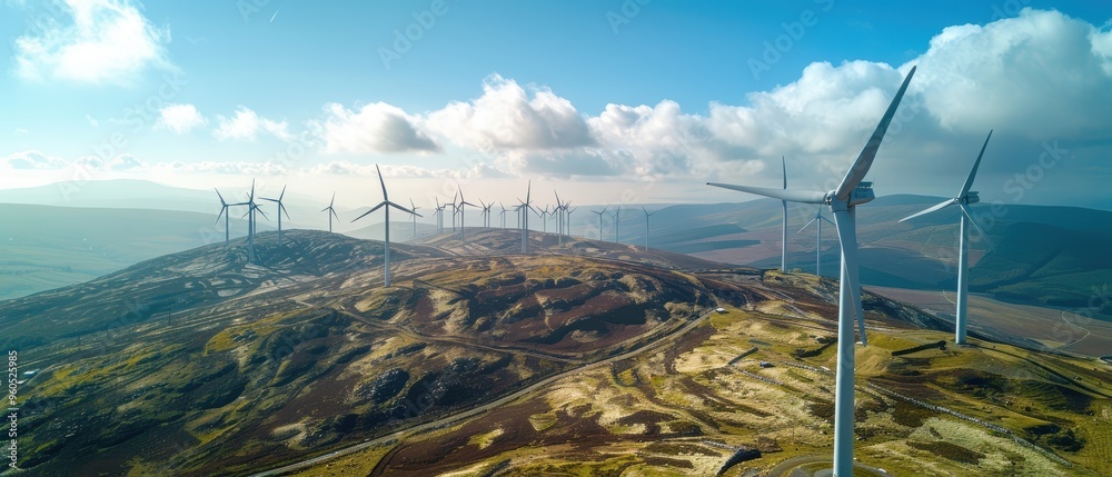 Majestic Aerial View of Wind Farm Turbines on Rolling Hills in 8k UHD ...