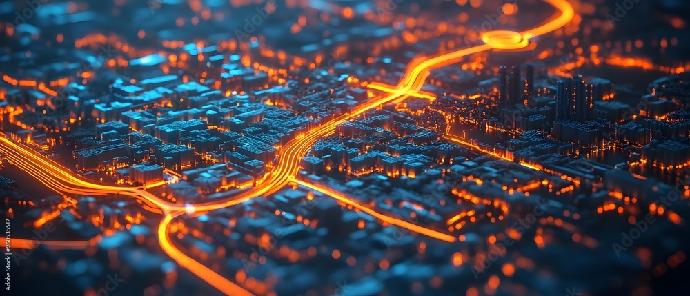 Glowing paths of an AI powered traffic management system overlaying a ...