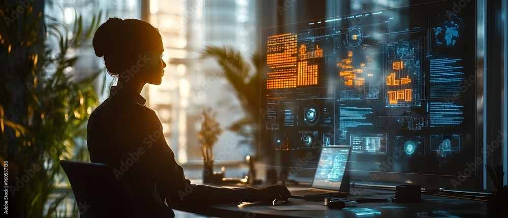 Futuristic holographic workspace with projected digital information ...