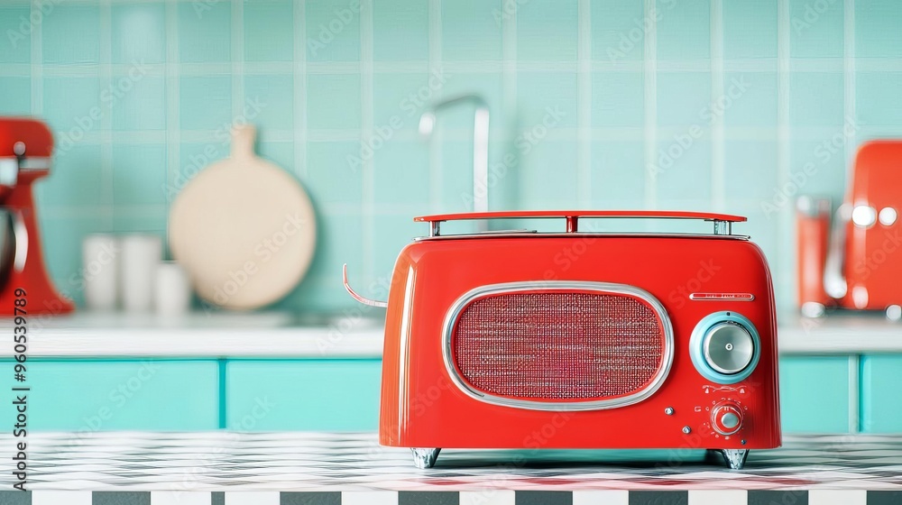 1950s radio with a bright red finish, displayed on a kitchen counter ...