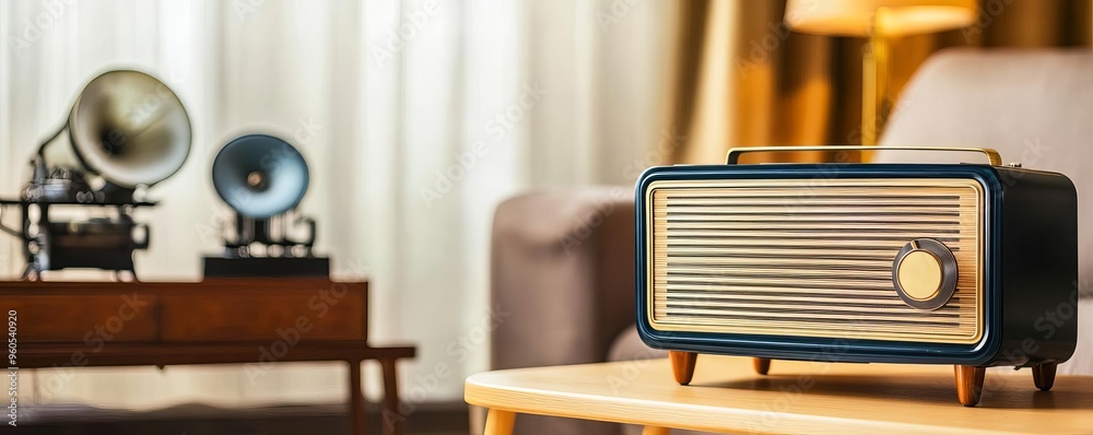 Classic 1930s radio in a living room with art deco furniture and a ...