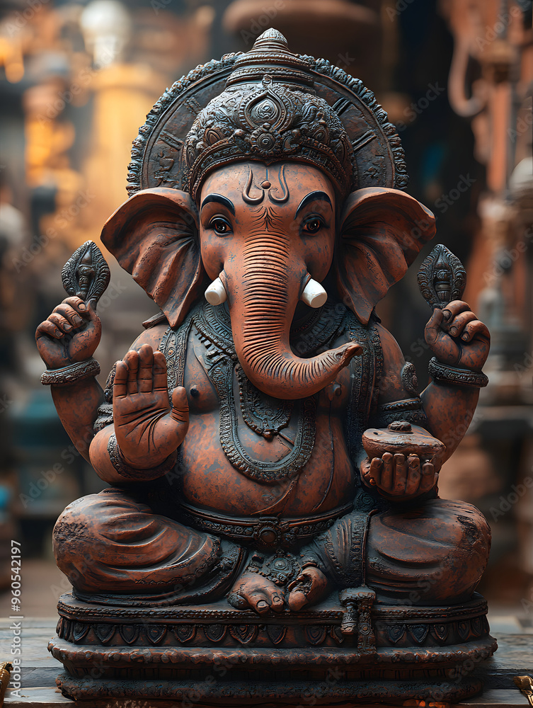 traditional clay statue of Lord Ganesha, with vibrant colors and soft ...
