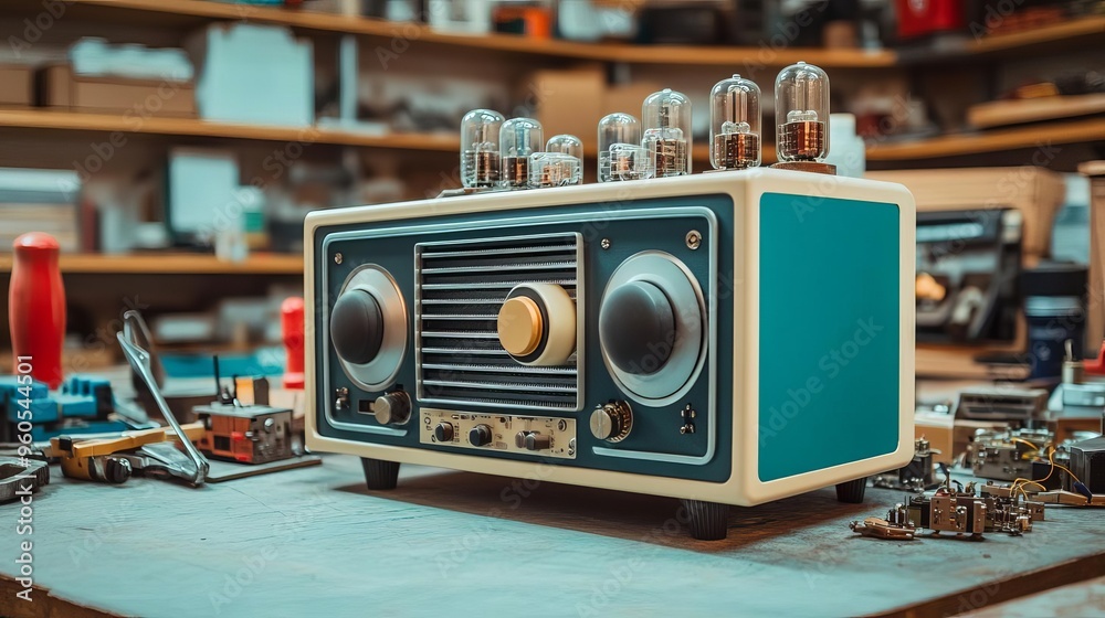 Vintage radio with exposed vacuum tubes on display, set in a workshop ...