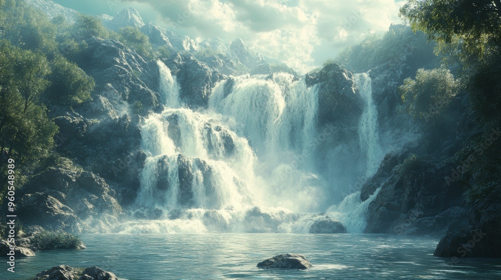 natural water feature, a mighty waterfall tumbles over rocks into a ...