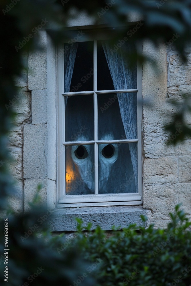 Spooky ghost with glowing eyes is lurking behind the window of an old ...