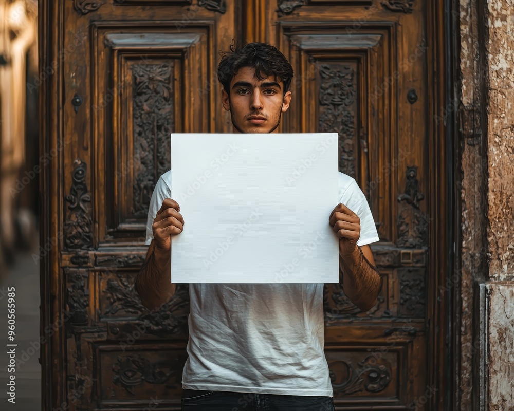 Young Man Holding Blank Sign in Front of Ornate Doorway Perspective Low ...