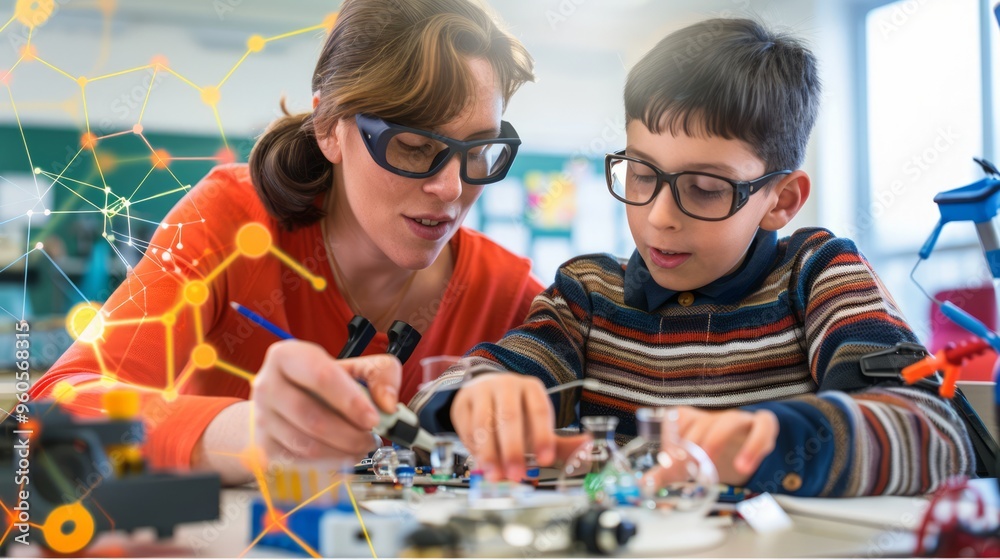 A teacher and a handicapped child working together on a science project ...