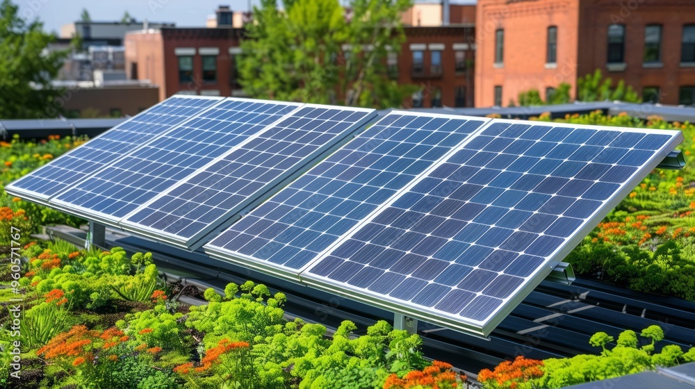 Solar panel installation on a green rooftop garden, blending renewable ...