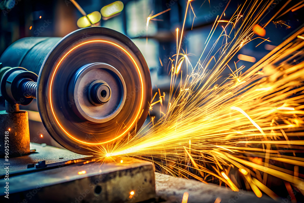 A grinding wheel is spinning and creating sparks. The sparks are bright ...