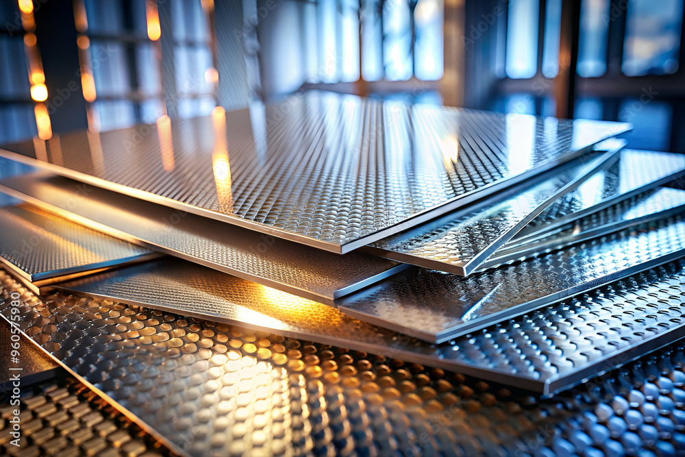 A stack of metal plates with a shiny, reflective surface. The plates ...