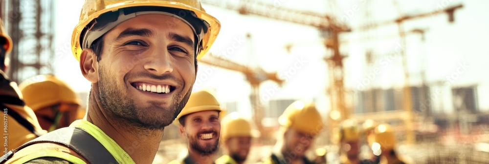 Bright sunshine illuminates the faces of happy construction workers as ...
