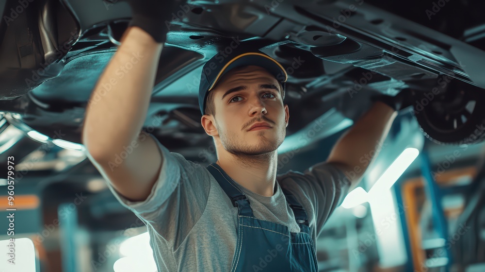 a portrait of a mechanic man in overalls and cap working underc the car ...